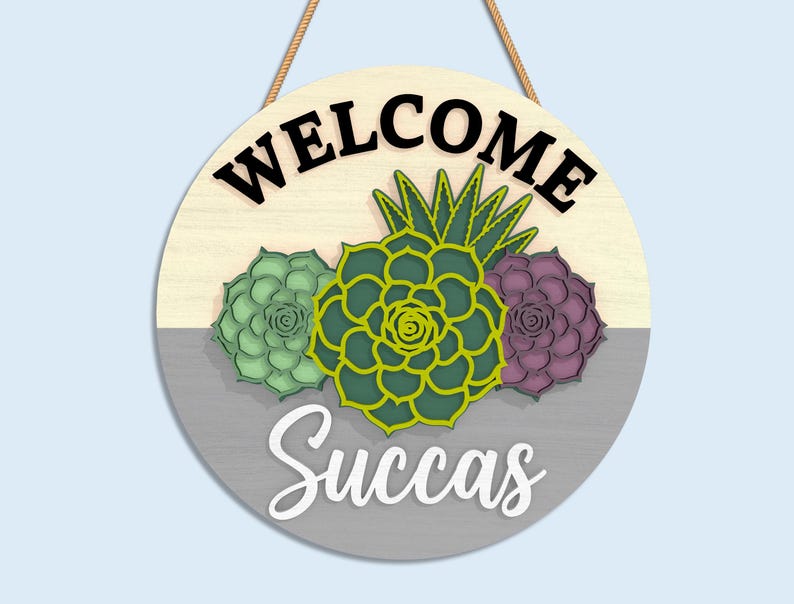 Succulent Welcome Sign Laser Cut SVG, Cactus Door Hanger DXF, Front ...