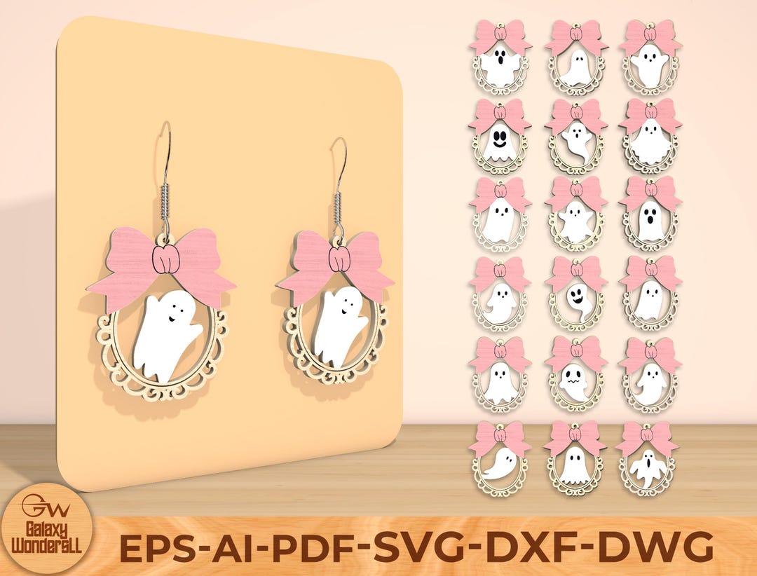 Cute Ghost Earrings SVG, Halloween Ghost Earrings Template With Bow ...