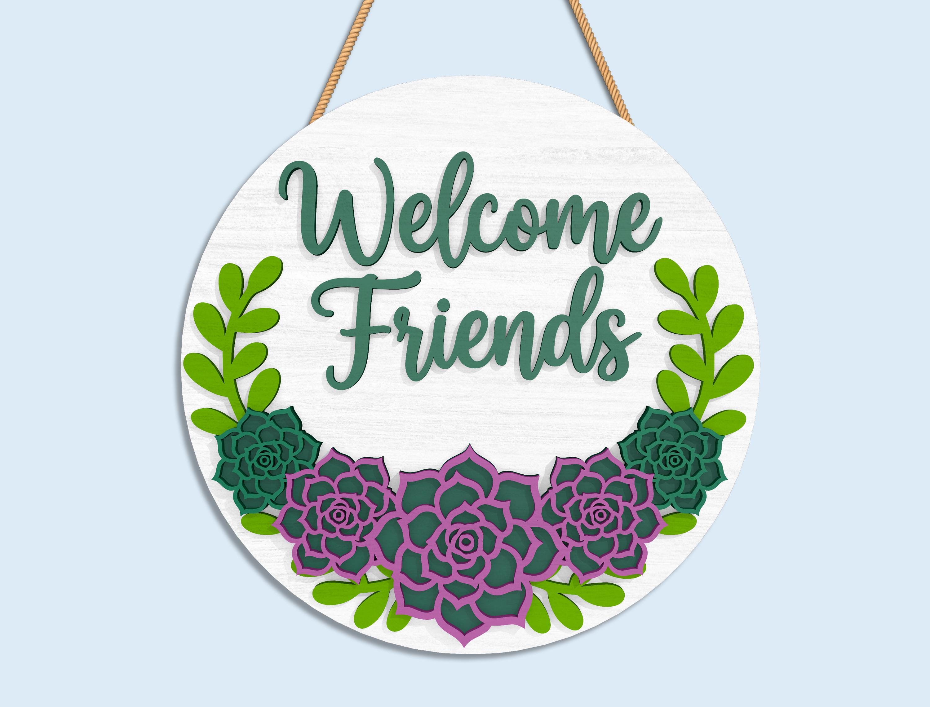 Succulent Welcome Sign Laser Cut SVG, Cactus Door Hanger DXF, Front ...