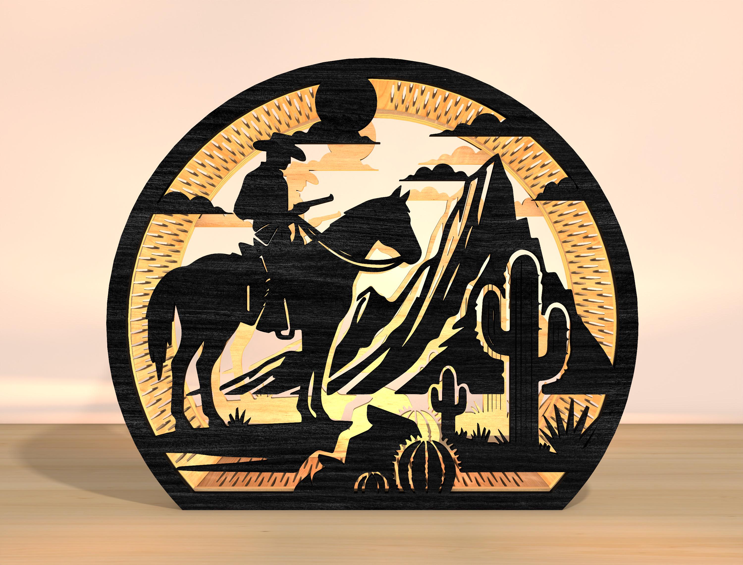 Western Cowboy Lantern SVG: Layered Light Box, Horse & Desert Scene ...