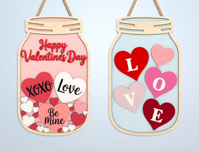 Valentine Mason Jar SVG Bundle, Heart Jar Door Hanger SVG, Love Mason ...