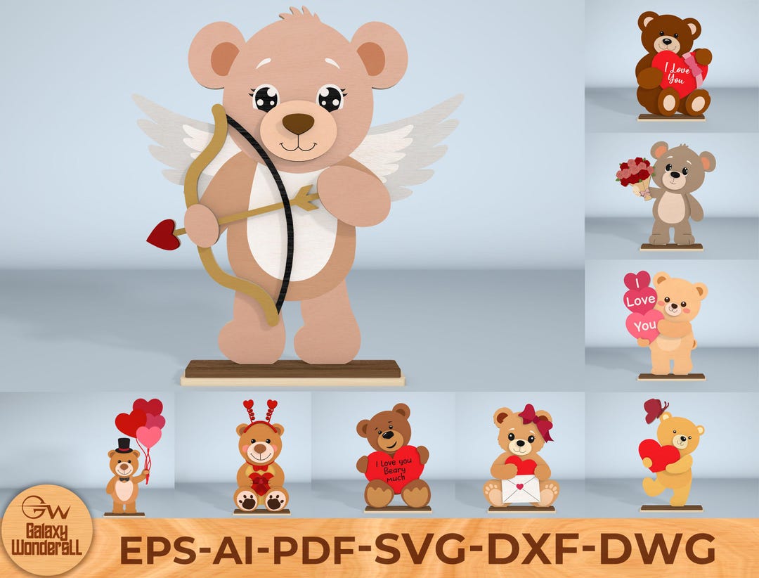 Bundle Cute Teddy Bear Valentine SVG, Love Bear Cupid Laser Cut File ...