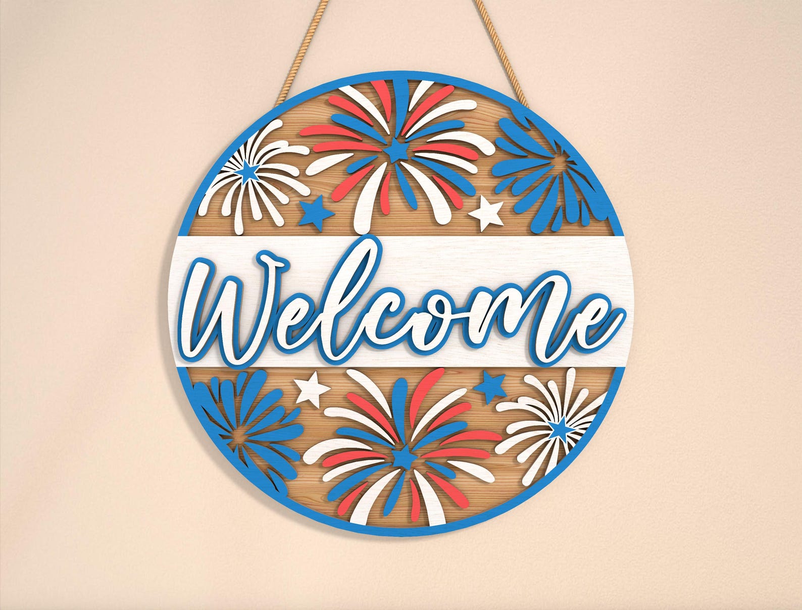 Welcome Fireworks Stars Sign, Round Door Hanger SVG, Patriotic Welcome ...