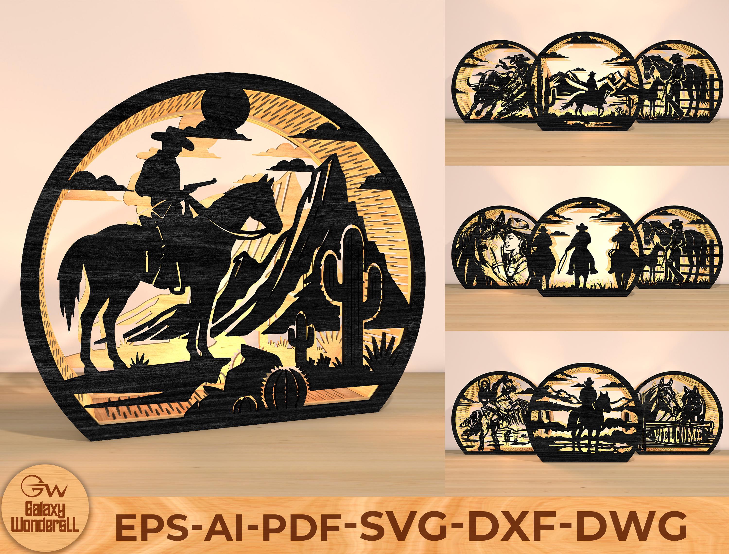 Western Cowboy Lantern SVG: Layered Light Box, Horse & Desert Scene ...