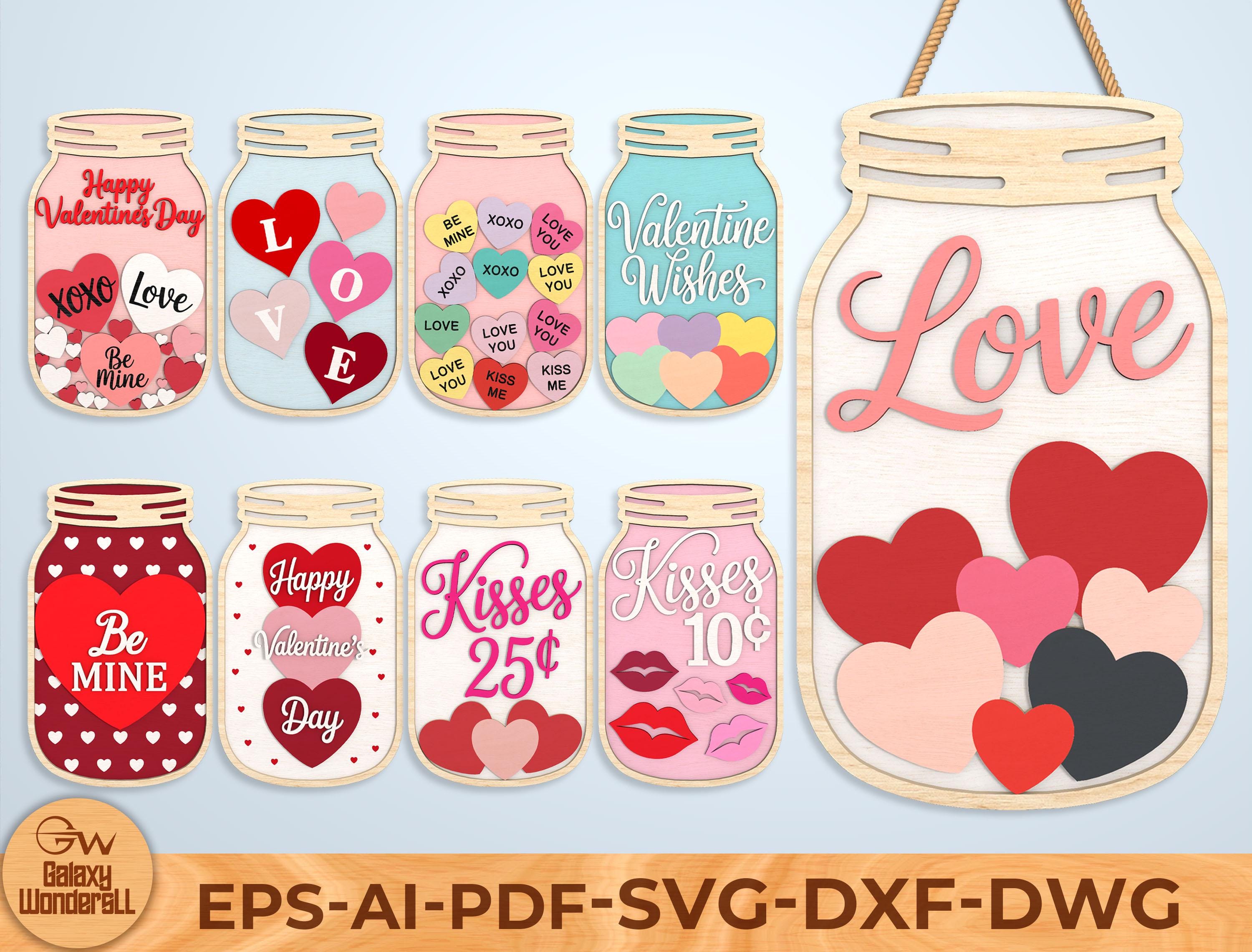 Valentine Mason Jar SVG Bundle, Heart Jar Door Hanger SVG, Love Mason ...