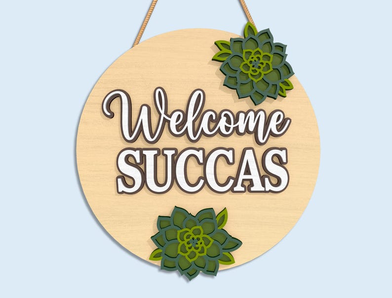 Succulent Welcome Sign Laser Cut SVG, Cactus Door Hanger DXF, Front ...