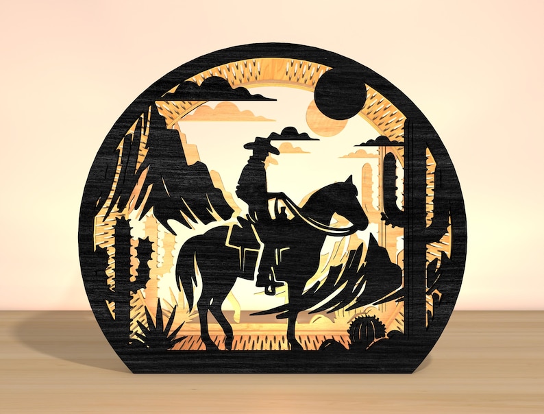 Western Cowboy Lantern SVG: Layered Light Box, Horse & Desert Scene ...
