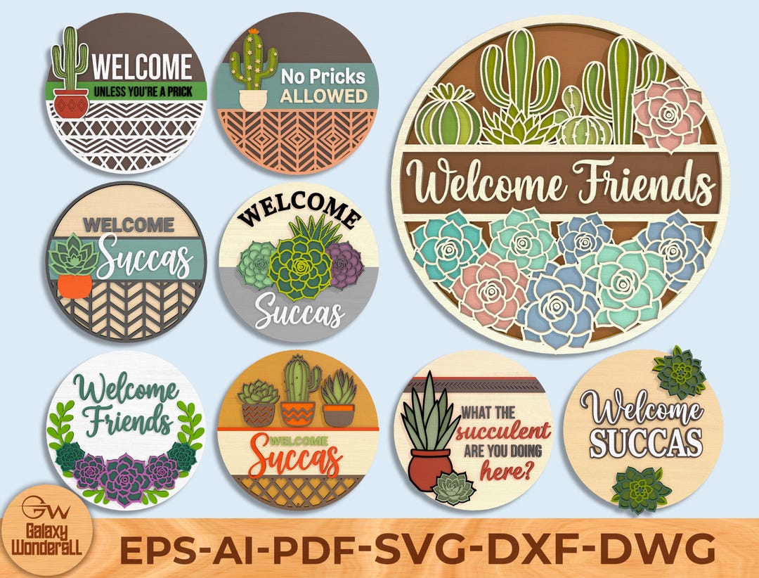 Succulent Welcome Sign Laser Cut SVG, Cactus Door Hanger DXF, Front ...