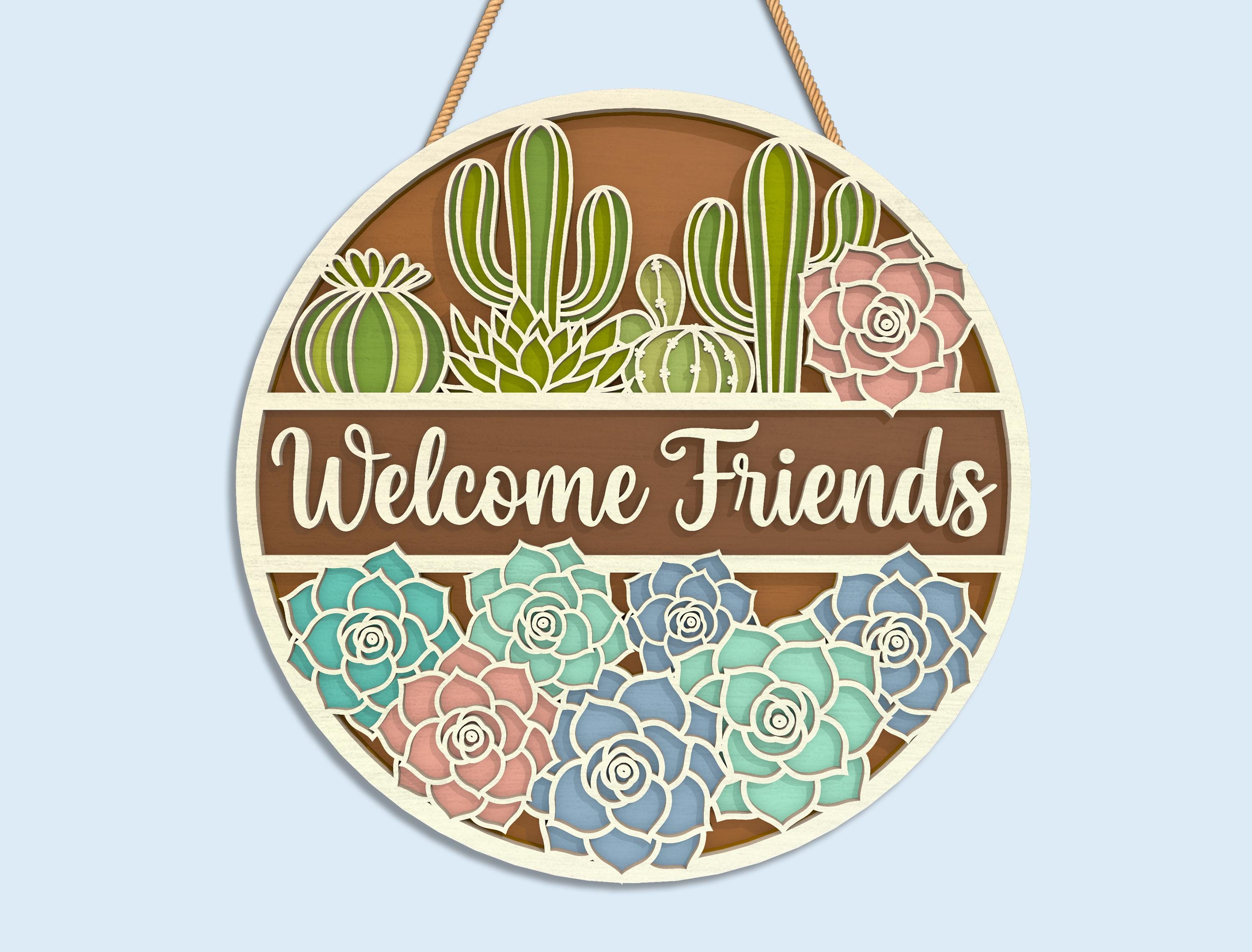 Succulent Welcome Sign Laser Cut SVG, Cactus Door Hanger DXF, Front ...