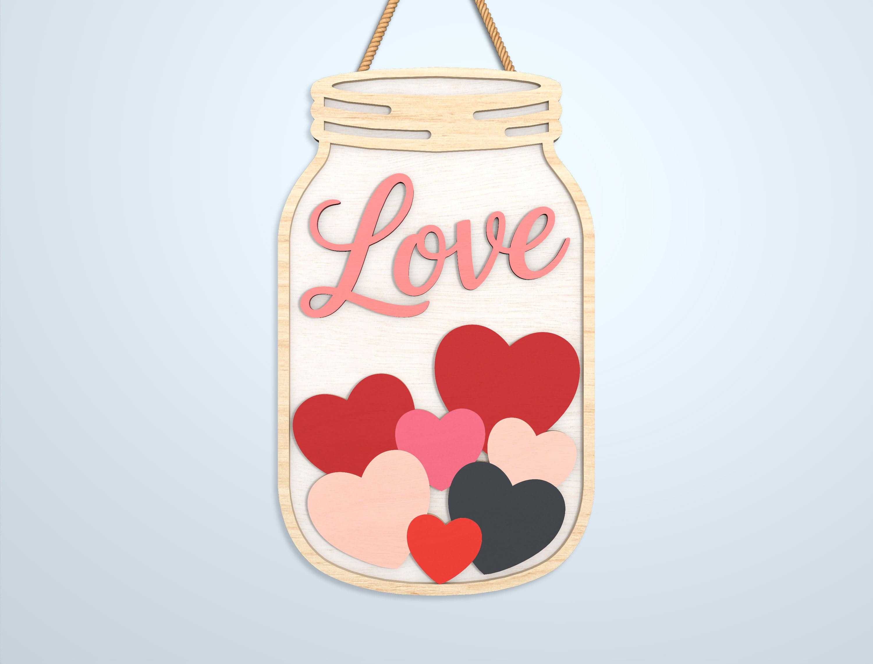Valentine Mason Jar SVG Bundle, Heart Jar Door Hanger SVG, Love Mason ...