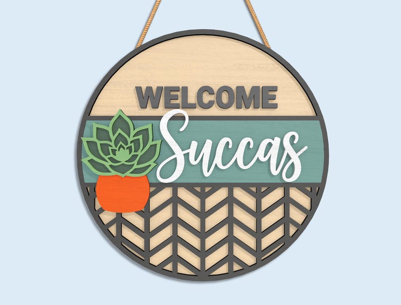Succulent Welcome Sign Laser Cut SVG, Cactus Door Hanger DXF, Front ...