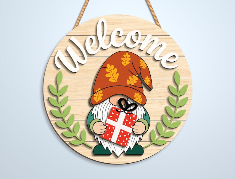Interchangeable Gnome Welcome Sign SVG, Round Door Hanger Laser Cut ...