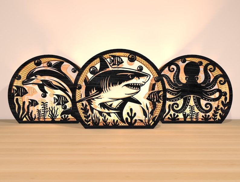 Ocean Lantern SVG Set: Shark, Turtle, Octopus Light Box (laser Cut ...