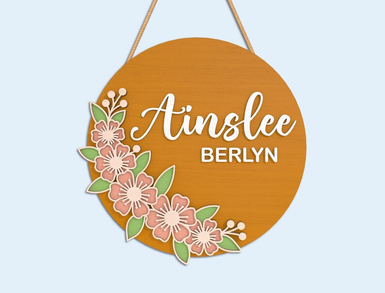 Personalized Floral Name Sign Laser Cut SVG, Round Flower Door Sign DXF ...