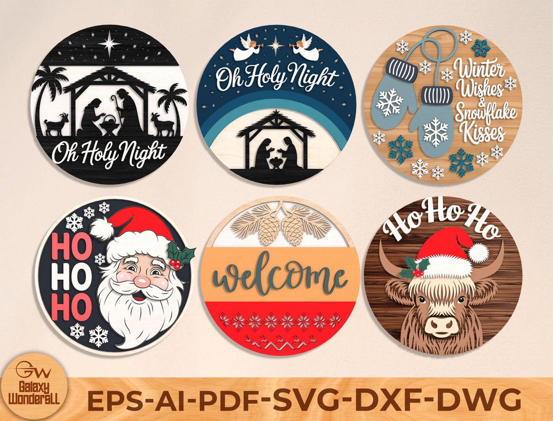 Christmas Round Wood Signs SVG Bundle, Winter Holiday Door Hangers ...