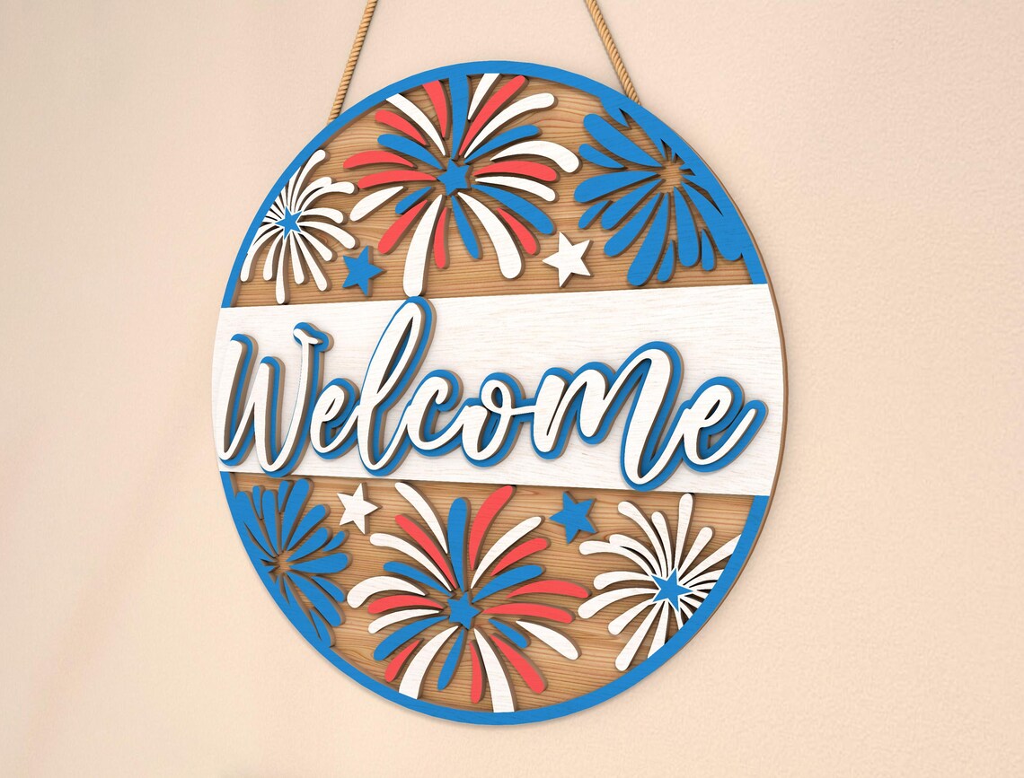 Welcome Fireworks Stars Sign, Round Door Hanger SVG, Patriotic Welcome ...