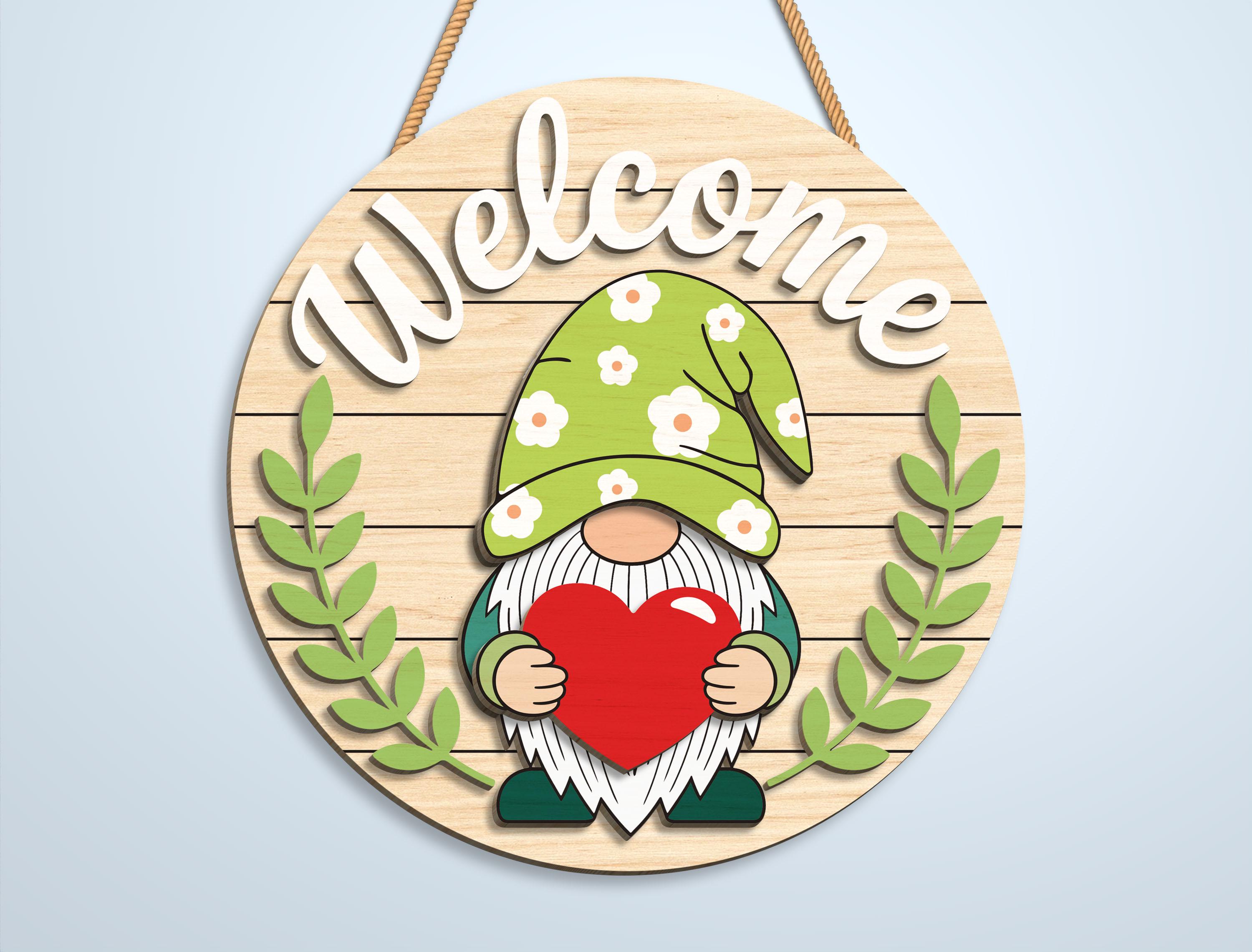 Interchangeable Gnome Welcome Sign SVG, Round Door Hanger Laser Cut ...