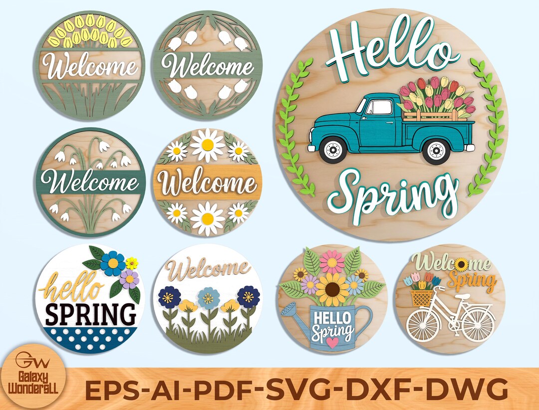 Spring Welcome Sign SVG Bundle, Hello Spring Round Sign Laser Cut Files ...
