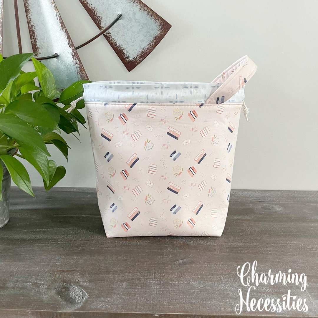 Knitting Project Bag, Books on Pink Drawstring Tote, Crochet Sewing ...