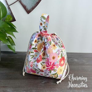 Knitting Project Bag, Summer Wildflower Floral Pink Drawstring Tote ...