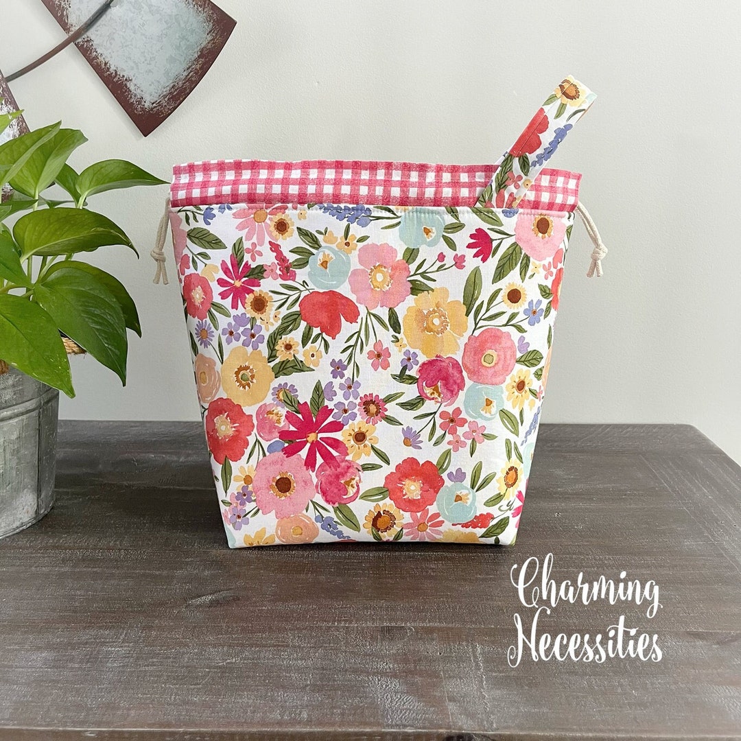 Knitting Project Bag, Summer Wildflower Floral Pink Drawstring Tote ...