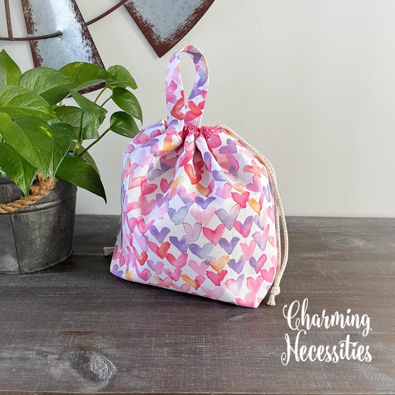 Valentines Knitting Project Bag With Pockets, Watercolor Hearts Drawstring Pouch, Small or Large ...
