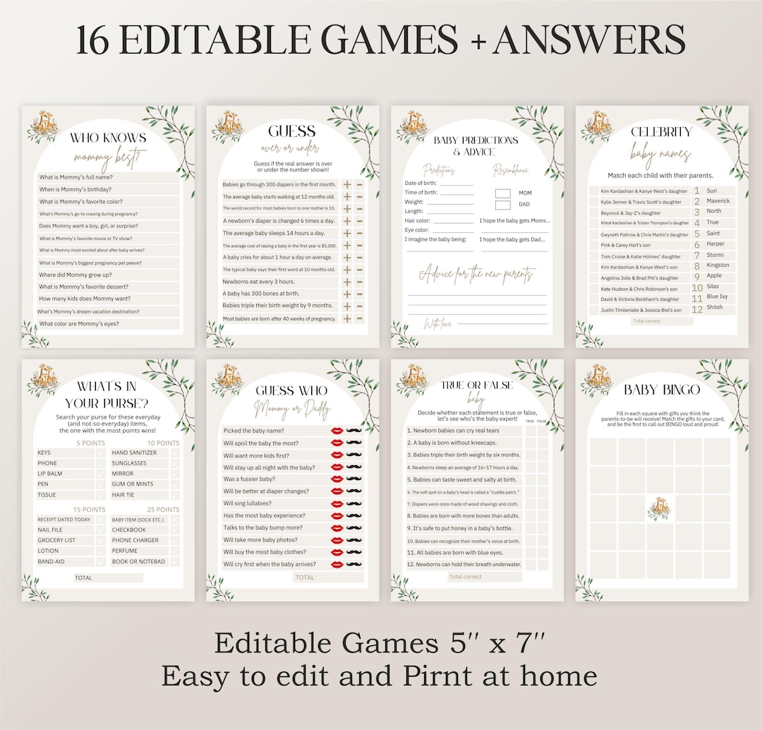 Editable Giraffe Baby Shower Games, 16 Fun Printable Games, Instant ...