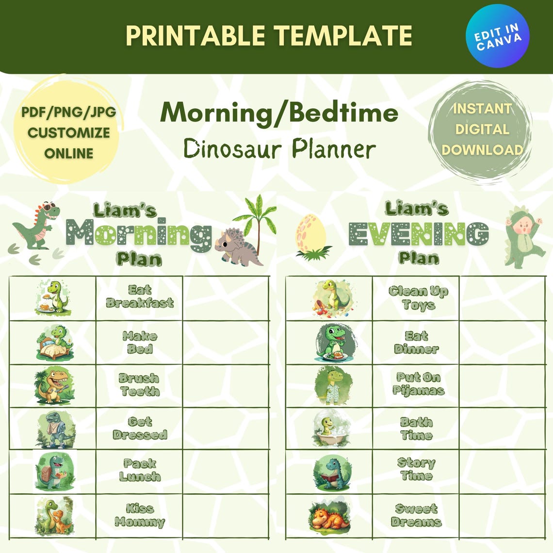 Dinosaur Morning & Evening Routine Chart - Kids Editable Printable ...
