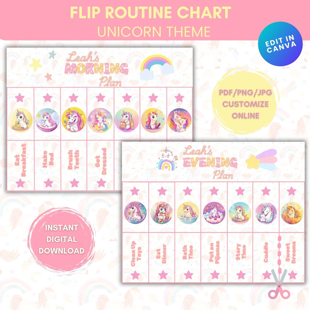 Unicorn Morning & Evening Routine Flip Chart - Kids Editable Printable ...
