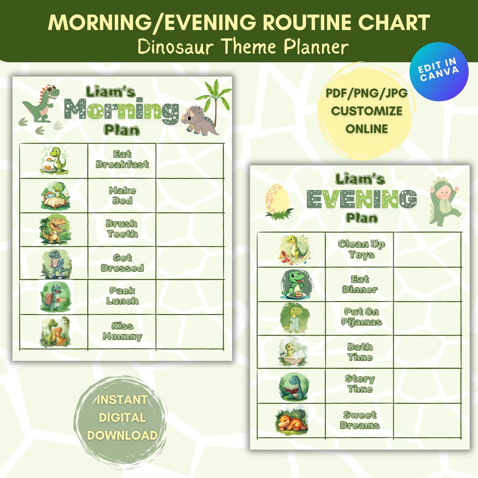 Dinosaur Morning & Evening Routine Chart - Kids Editable Printable ...