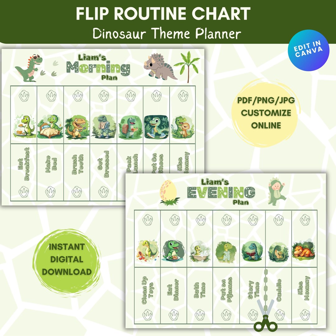 Dinosaur Morning & Evening Routine Flip Chart - Kids Editable Printable ...