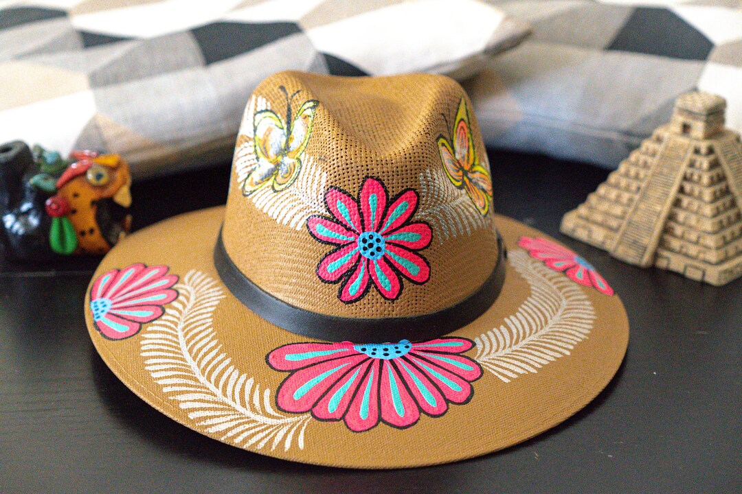 Mexican Palm Hat, Painted Mexican Sunhat, Hand Painted Colorful Hat ...