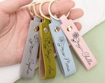 Personalized Birth Flower Keychain, Engraved Leather Keyring, Custom ...