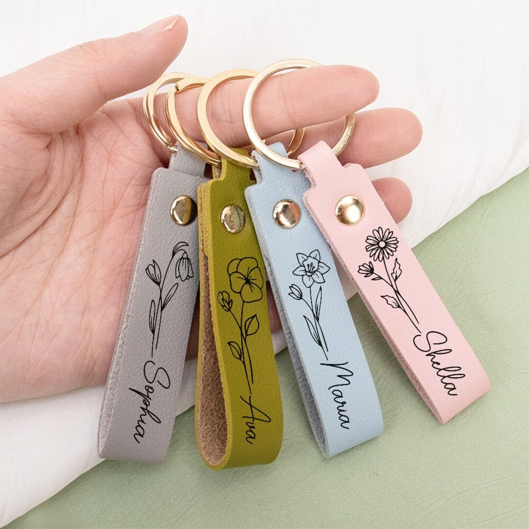 Personalized Birth Flower Leather Keychain, Custom Name Leather Keyring ...