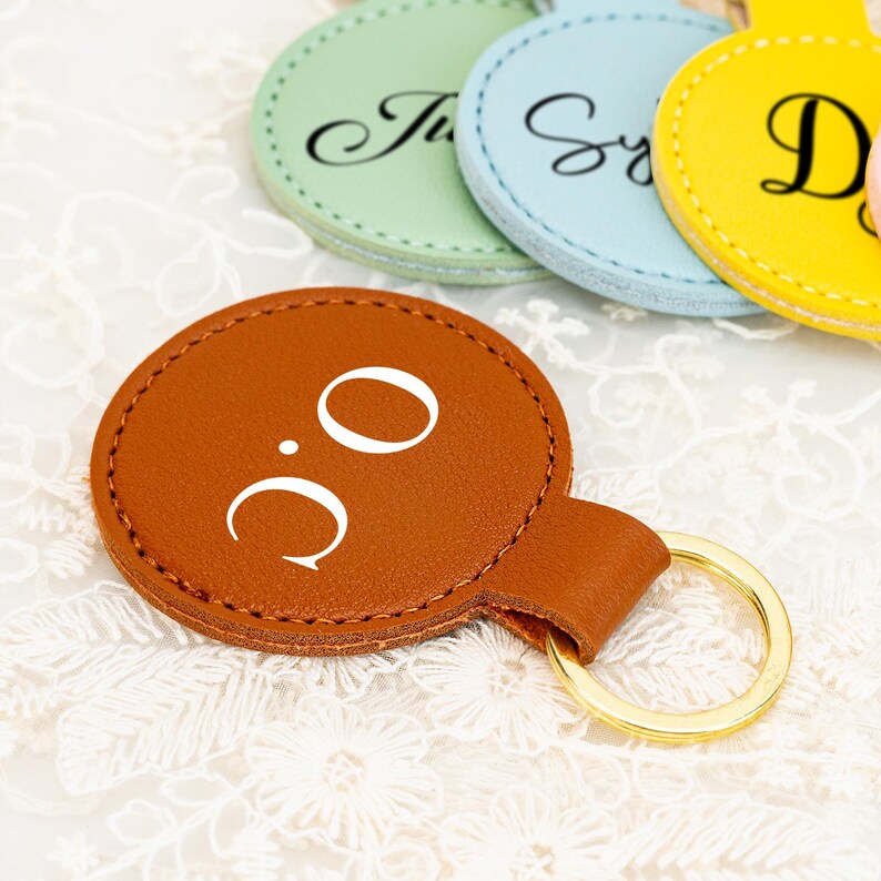 Personalized Round Leather Keychain, Initial Name Keychain, Bag Tags ...