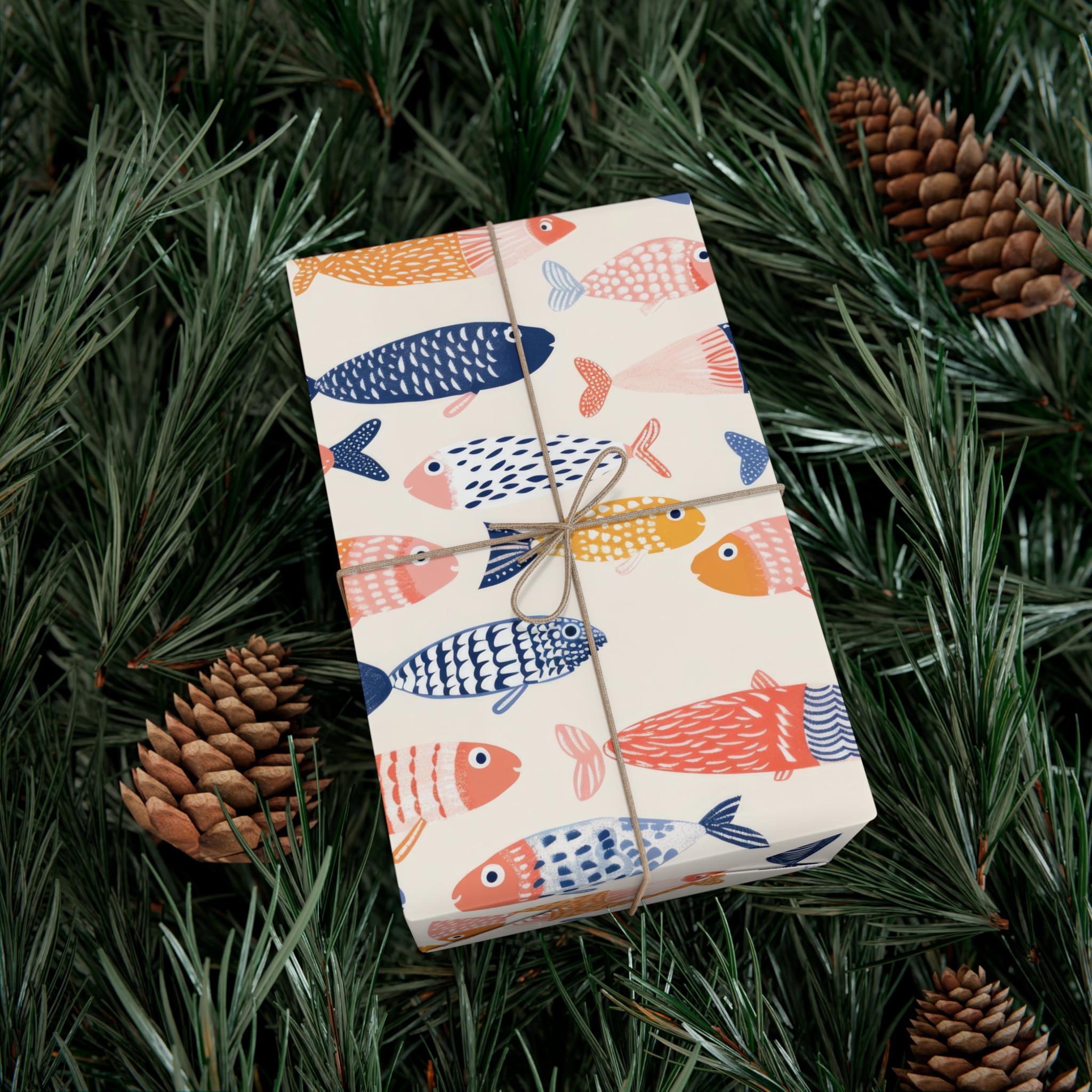 Modern Fish Print Coastal Aesthetic Wrapping Paper Roll, Birthday ...