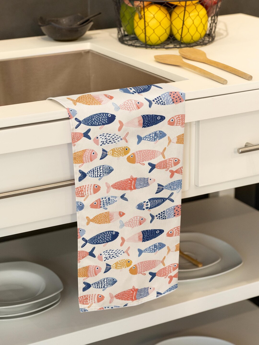 Fish Print Cotton Linen or Hemp Tea Towel, Fish Love Kitchen Tea Towel ...