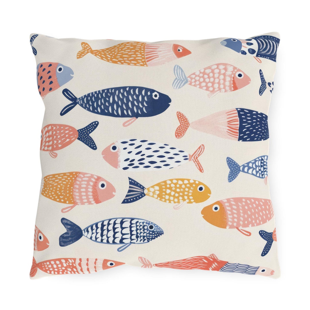 Fish Lover Coastal Outdoor Pillows, Modern Cute Fish Coastal Grandma ...