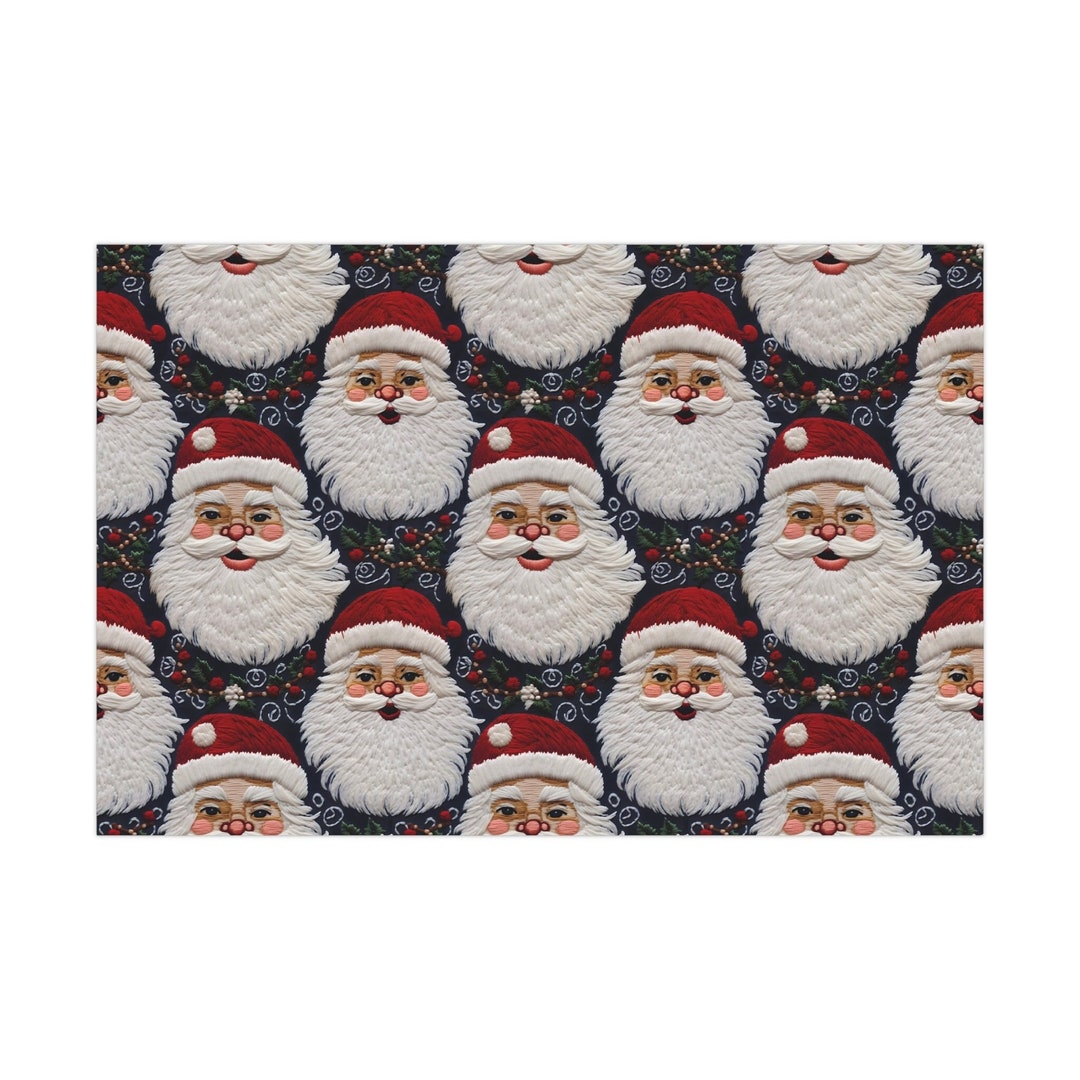 Embroidered Retro Santa Face Christmas Wrapping Paper Roll, Traditional ...
