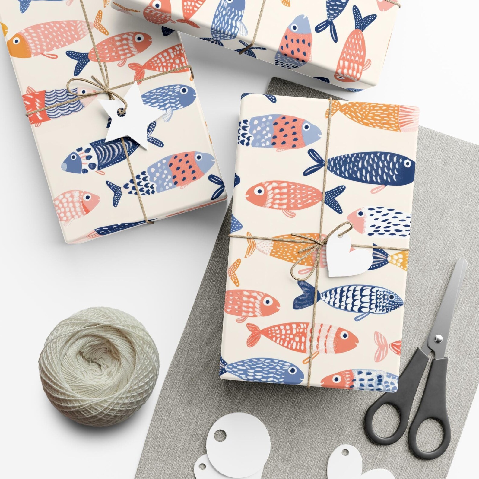 Modern Fish Print Coastal Aesthetic Wrapping Paper Roll, Birthday ...