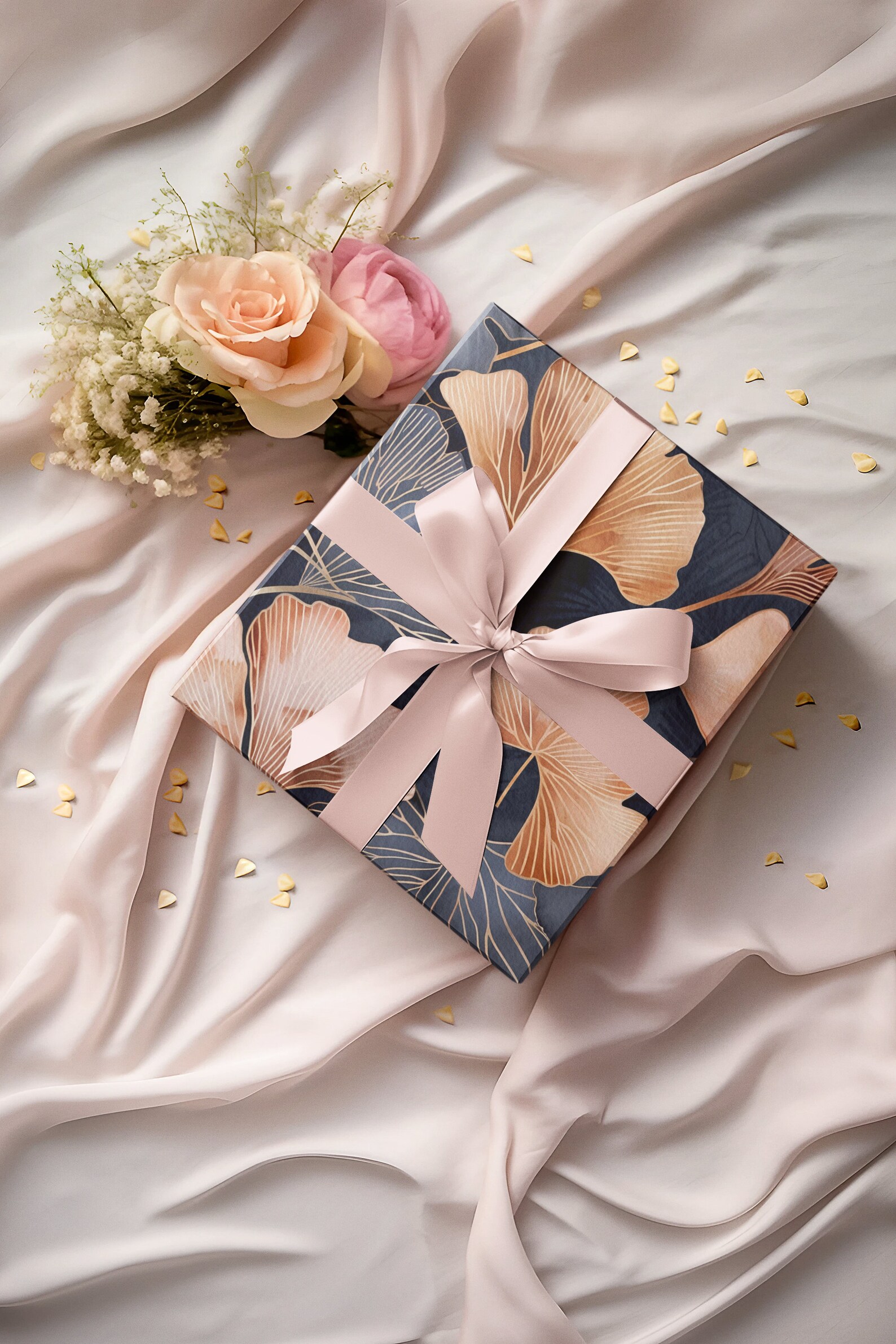 Elegant Metallic Gingko Leaves Wrapping Paper Roll, Botanical ...