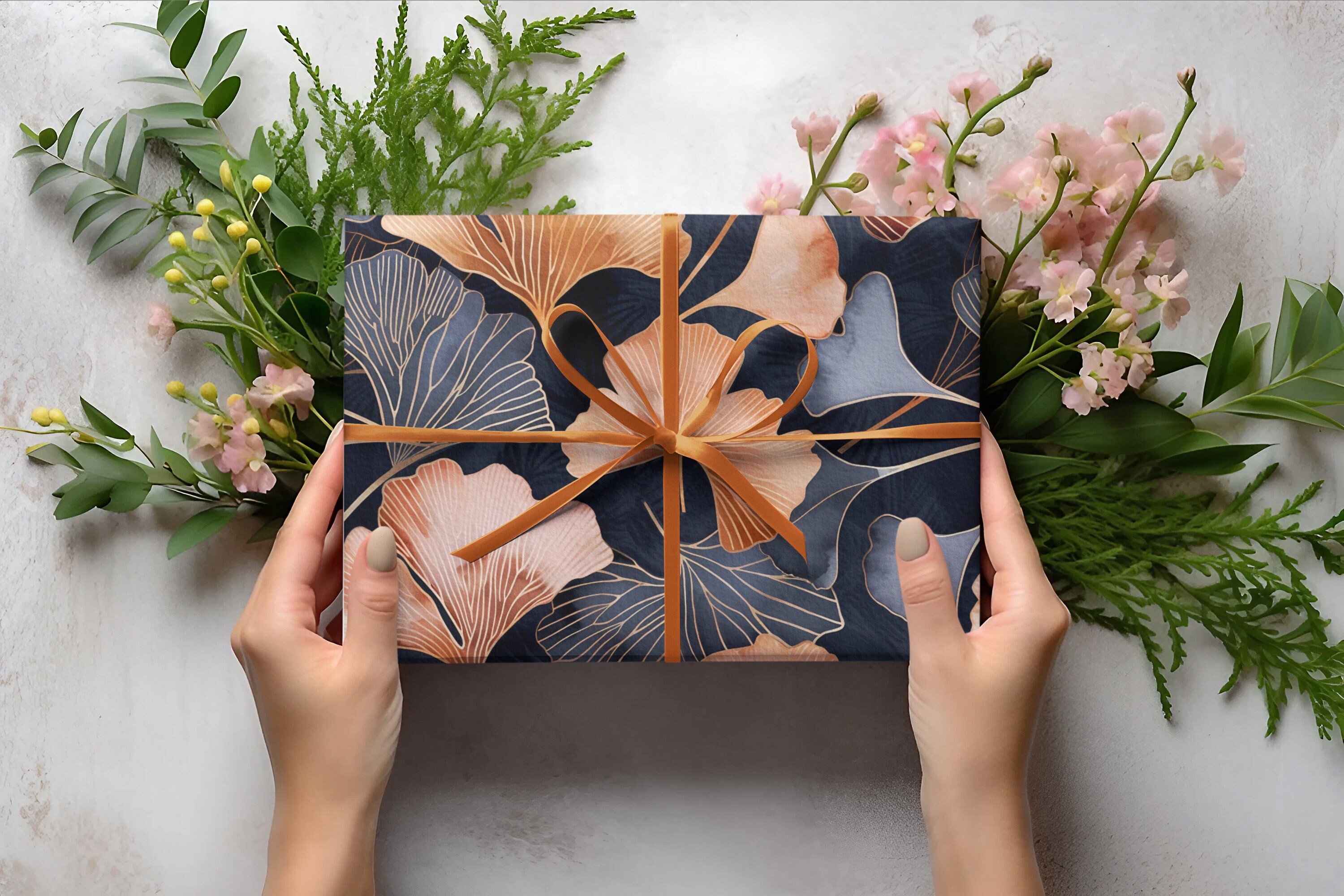 Elegant Metallic Gingko Leaves Wrapping Paper Roll, Botanical ...