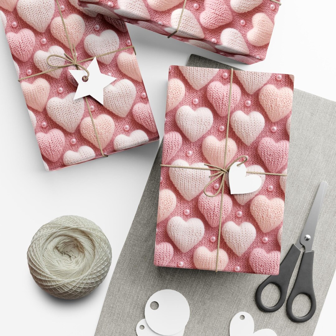 Pink Hearts Wrapping Paper, Knit-look Valentine's Day Gift Wrap, Girly ...