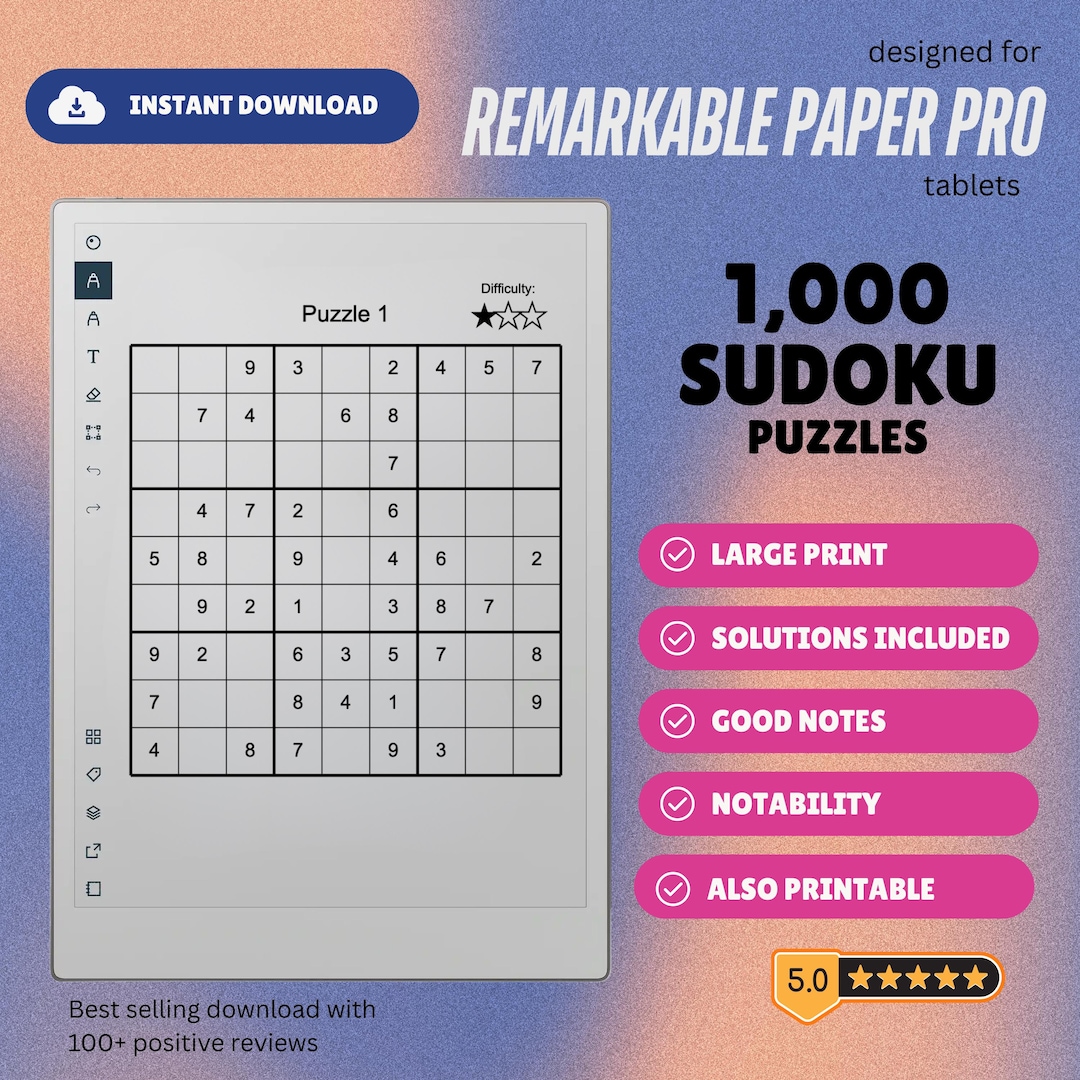 1,000 Sudoku Puzzles for the Remarkable Paper Pro Tablet - Etsy