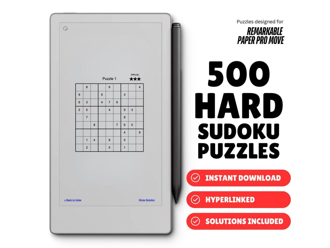 500 Hard Sudoku Puzzles for Remarkable Paper Pro Move (digital Download ...