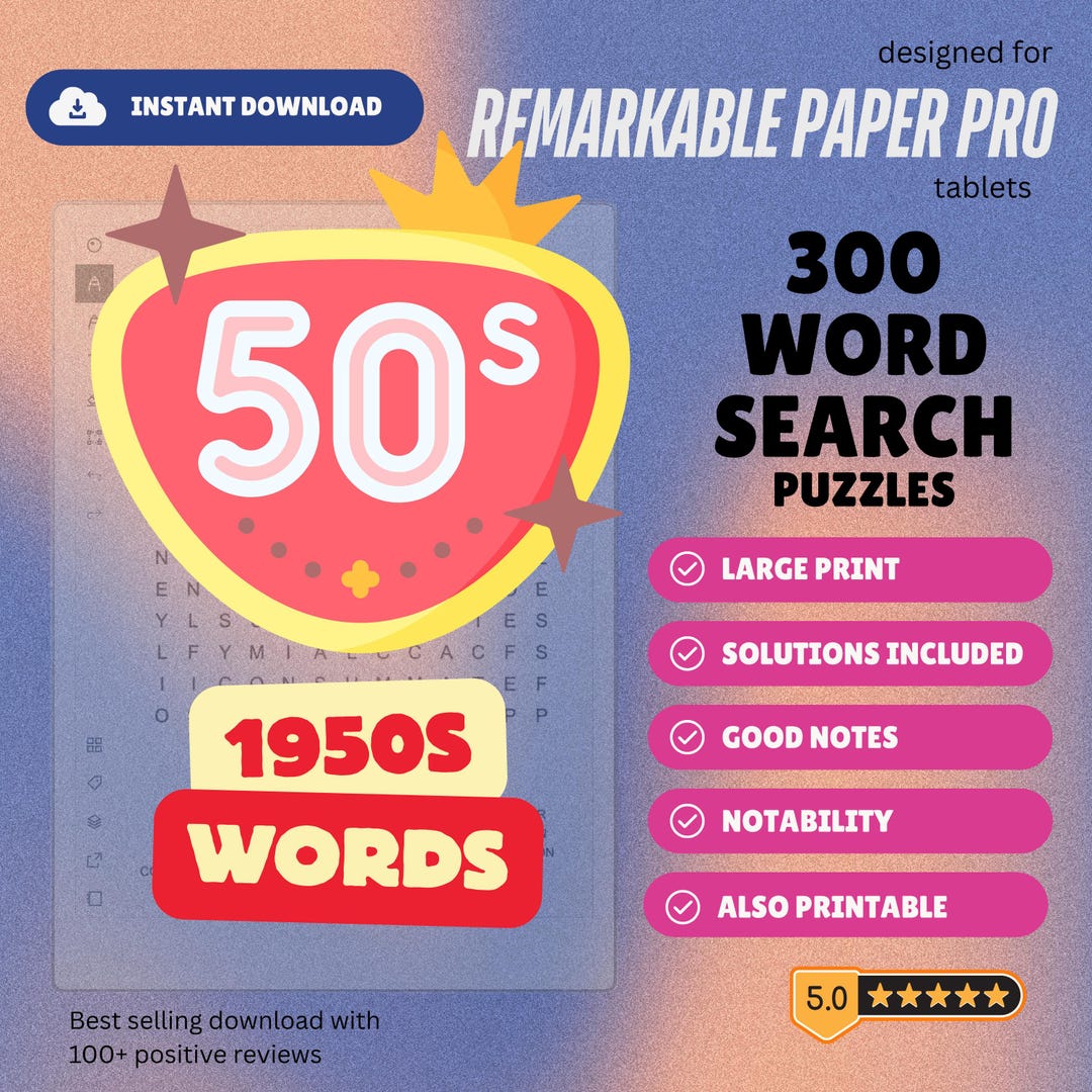 300 Word Search Puzzles for the Remarkable Paper Pro Tablet - 1950s ...