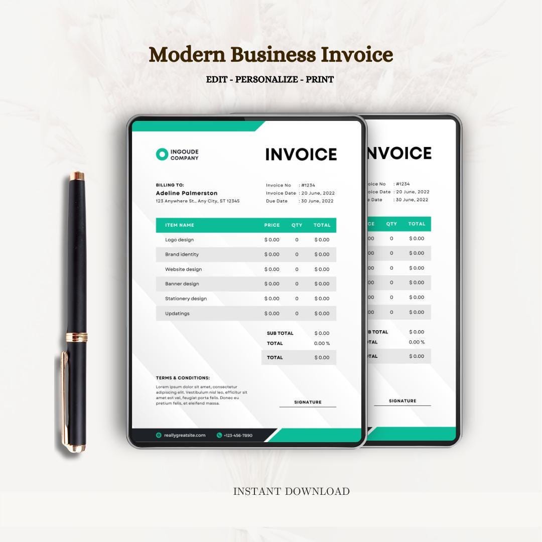 Modern Business Invoice - Business Invoice Printable - Editable Invoice ...