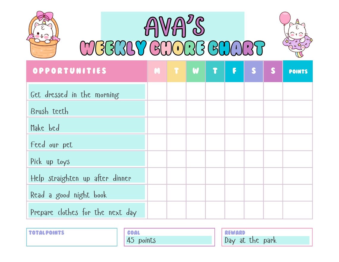 Girls Chore Chart Printable - Daily & Weekly Responsibility Chart ...