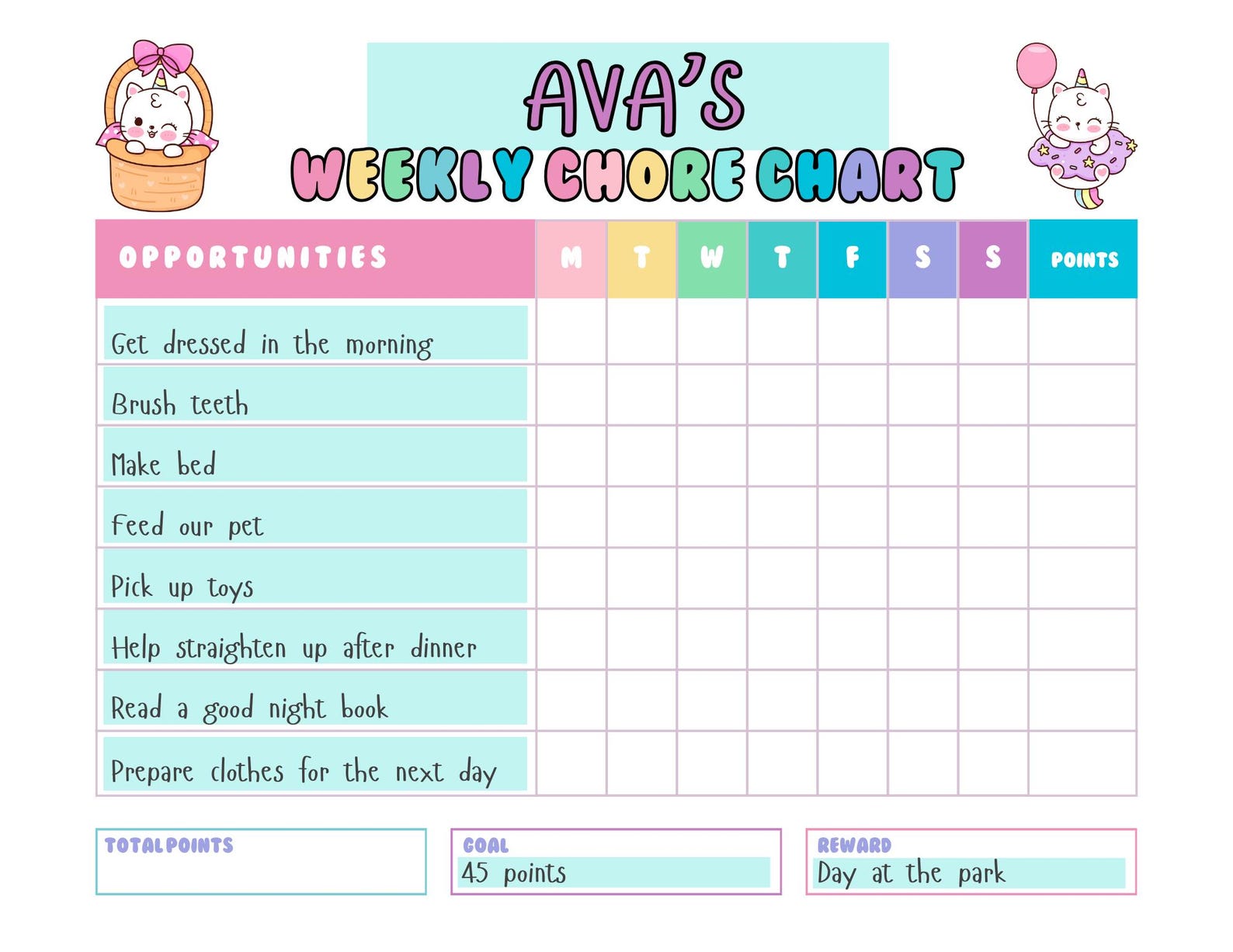 Girls Chore Chart Printable - Daily & Weekly Responsibility Chart ...