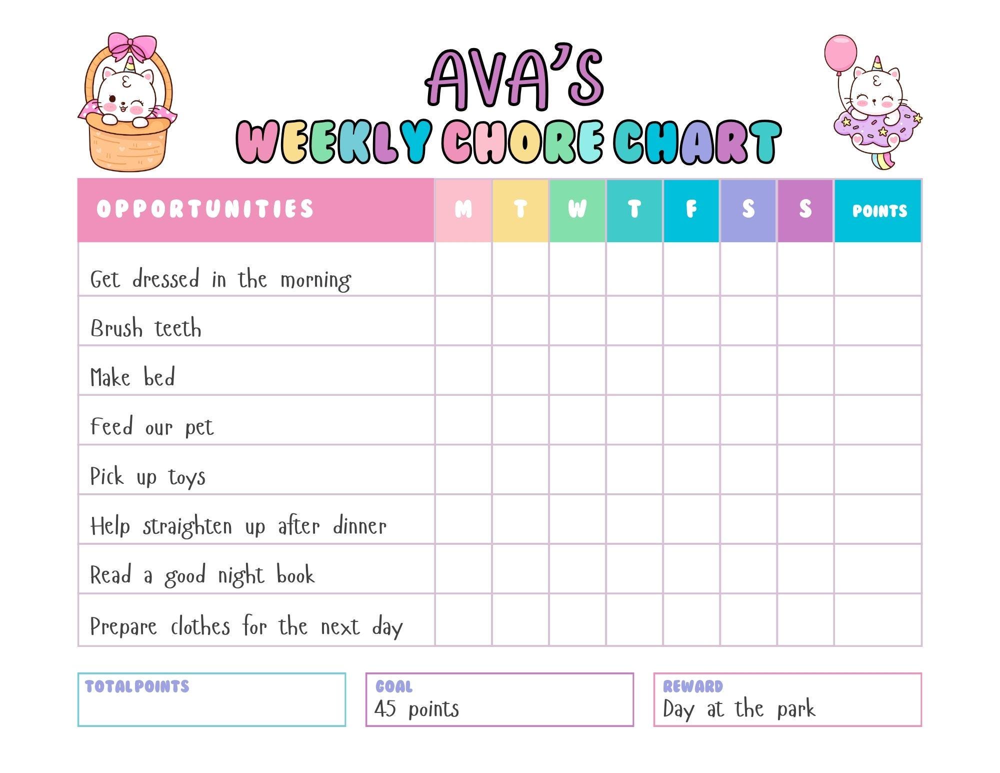 Girls Chore Chart Printable - Daily & Weekly Responsibility Chart ...